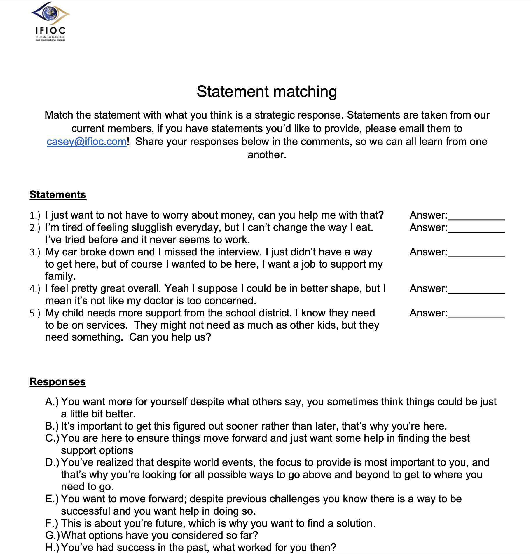 Skill building Worksheet-Statement matching - Welcome to MI PLUS+